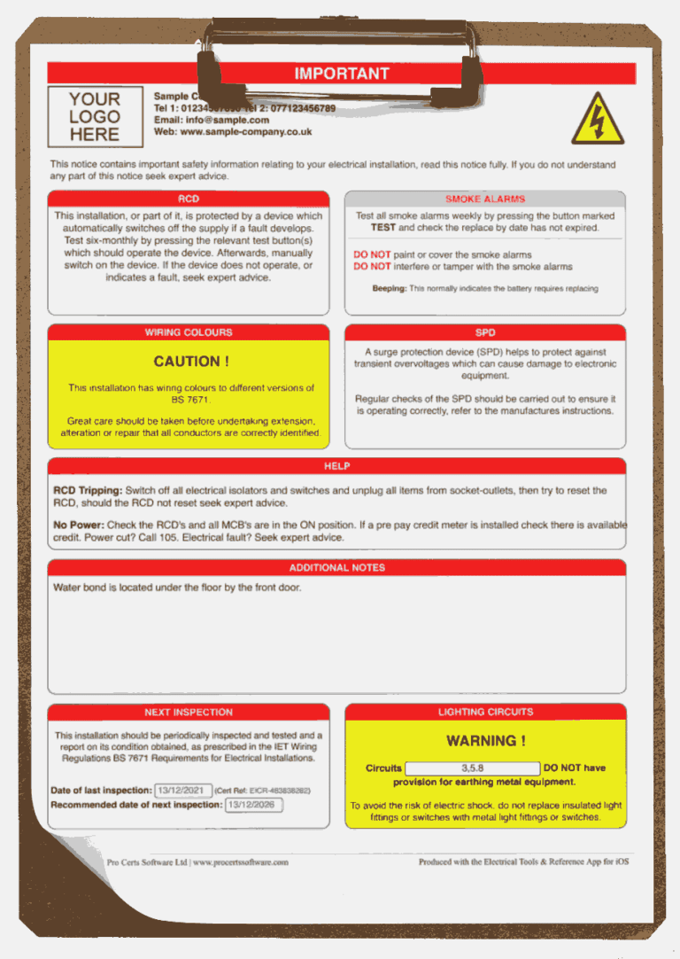 Consumer Unit Signage & Labels - Pro Certs Software Ltd